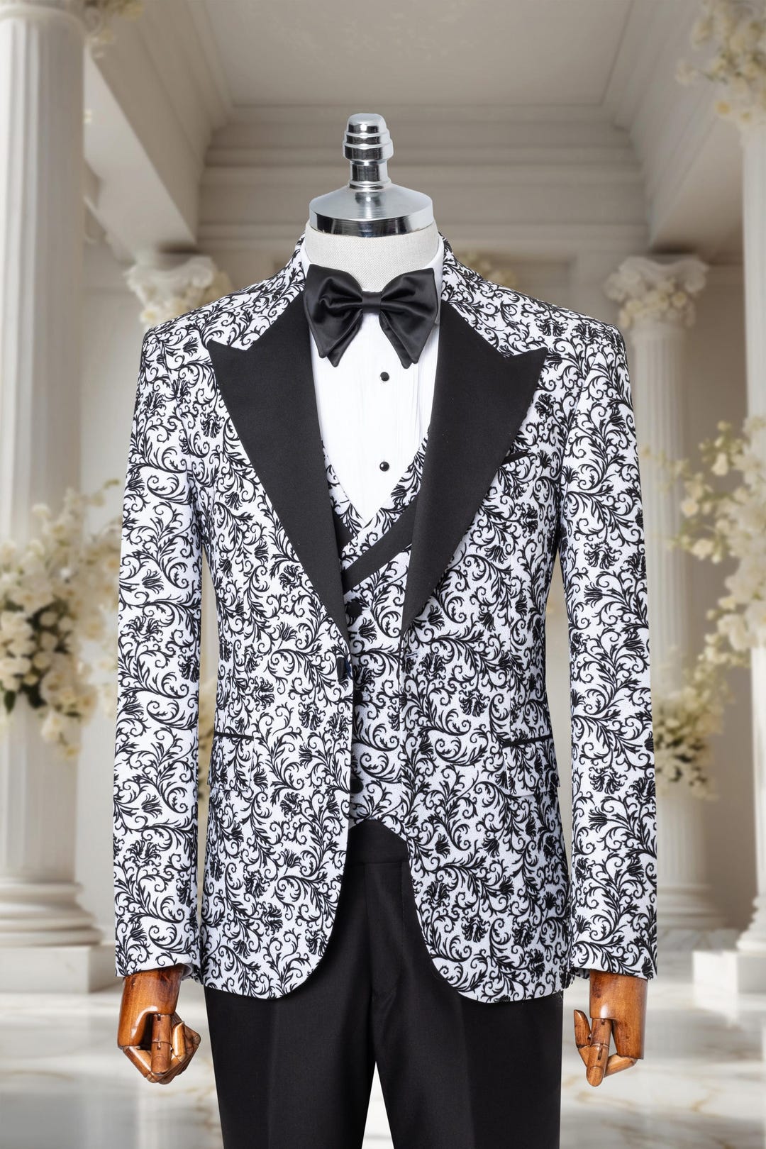 White Velve Men's 3 Piece Groom Suit, Patterned Men's Suit, Men's ...