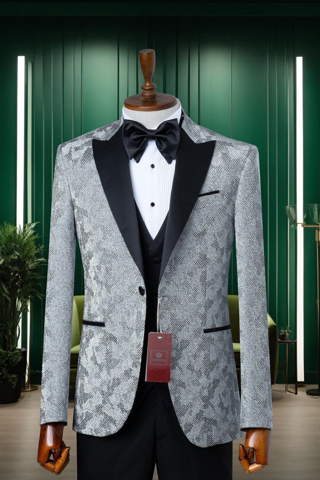 Silver Shiny Jacquard Men's Tuxedo Groom Suit Wedding Suit Peak Lapel ...