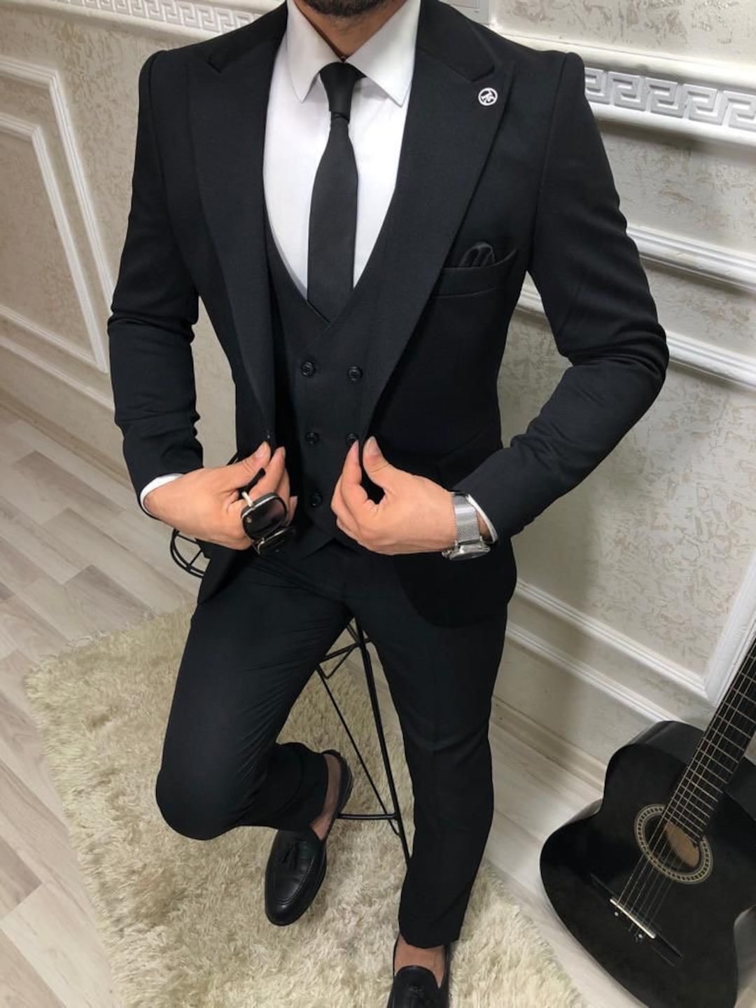 Black Color Men’s Suit , Three Piece Peak Lapel, Flap Pocket, Men's ...