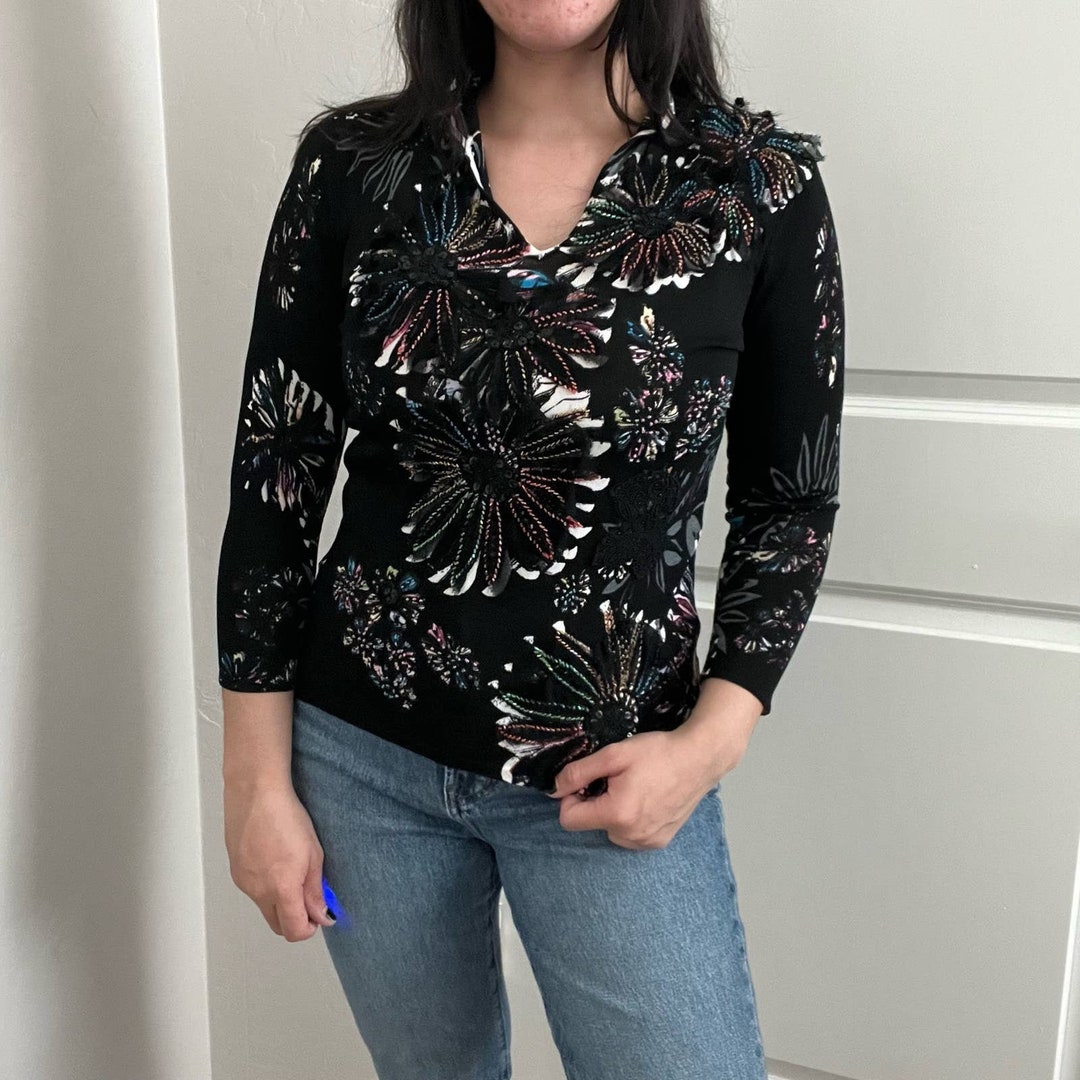 Alberto Makali Floral Vneck Mock Neck Top 3/4 Sleeves - Etsy