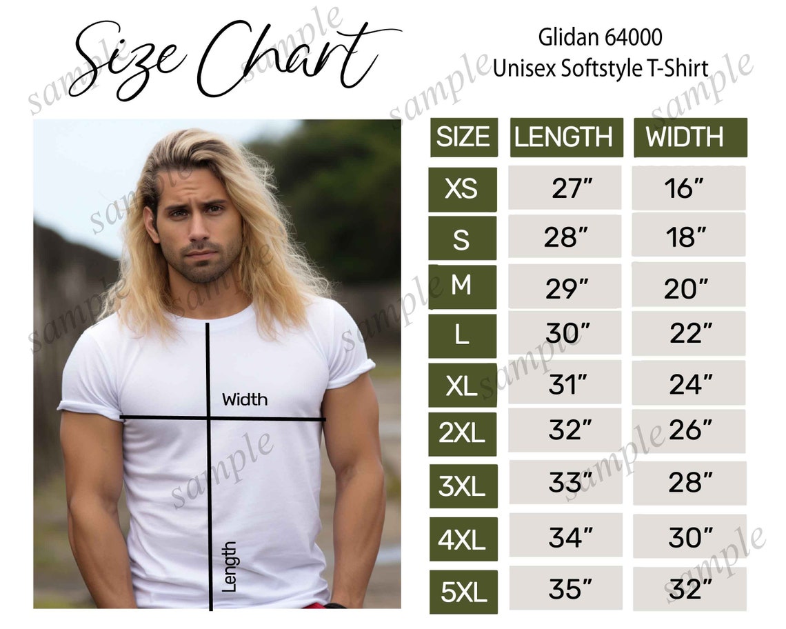 Gildan 64000 Size Chart Bundle, 64000 T-shirt Mockup, Unisex Size Chart ...