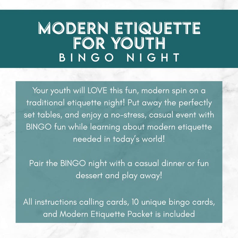 LDS Youth Etiquette Night, Modern Etiquette Night Bingo, LDS Youth ...