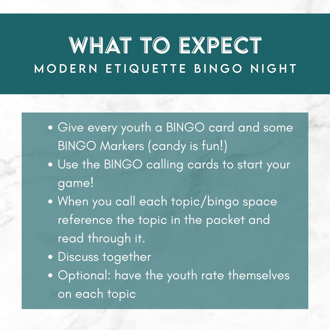 LDS Youth Etiquette Night, Modern Etiquette Night Bingo, LDS Youth ...