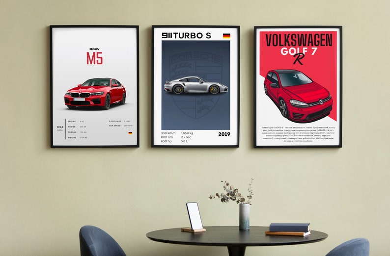Set of 3 Car Posters. Inspired Posters Set for Automotive Lovers ...