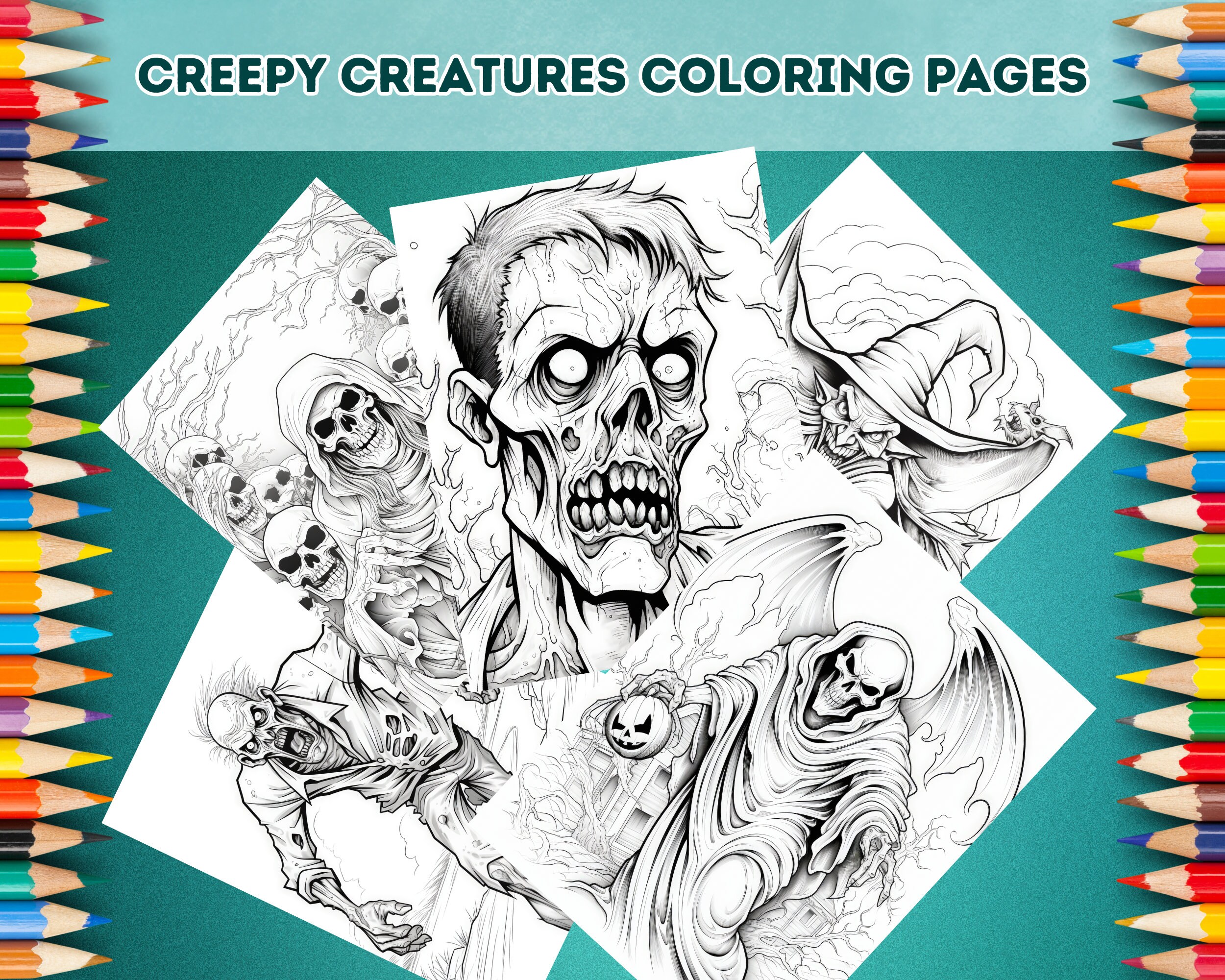 Creepy Creatures Coloring Pages. Grim Reaper, Zombie, Halloween ...