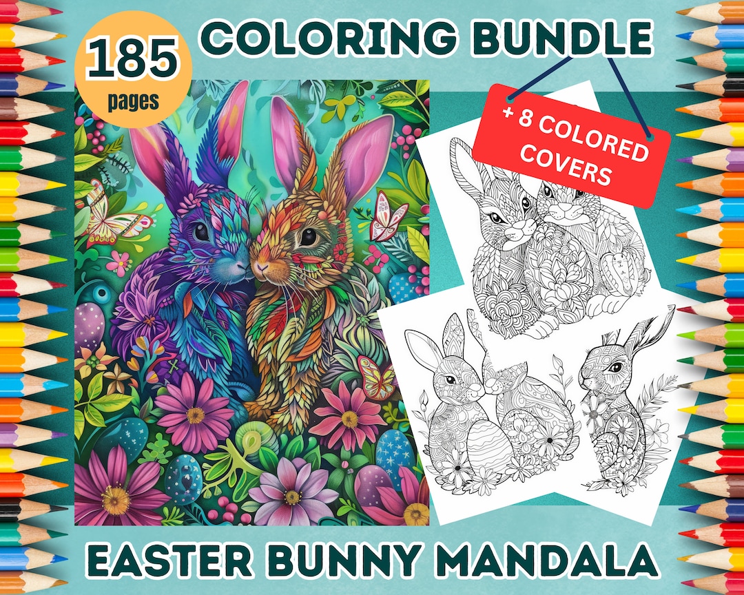 Easter Bunny Mandala Coloring Book Pages for Kids and Adults. Grayscale ...
