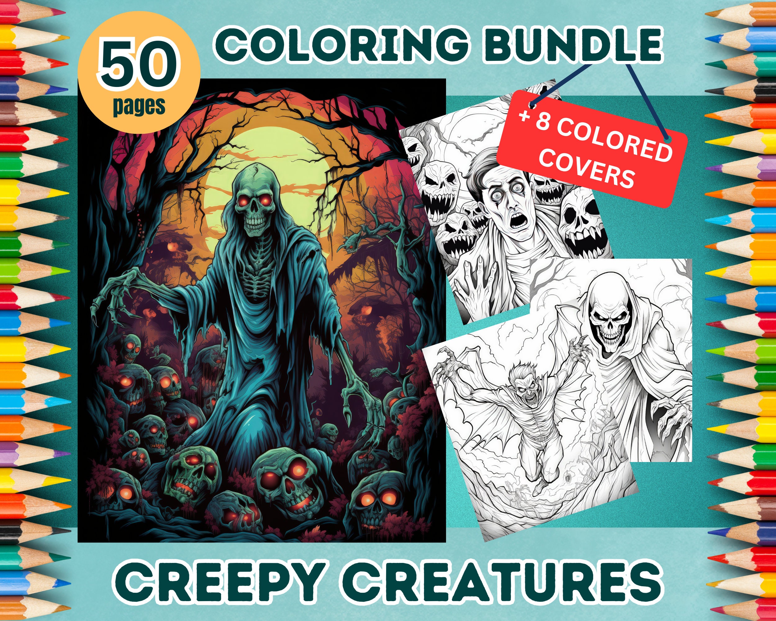 Creepy Creatures Coloring Pages. Grim Reaper, Zombie, Halloween ...