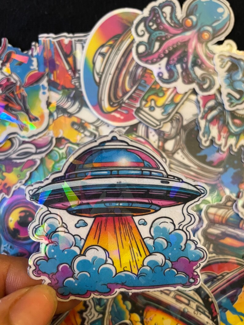 10-50 Holographic Alien Stickers, UFO Stickers, DIY Stickers for Laptop ...