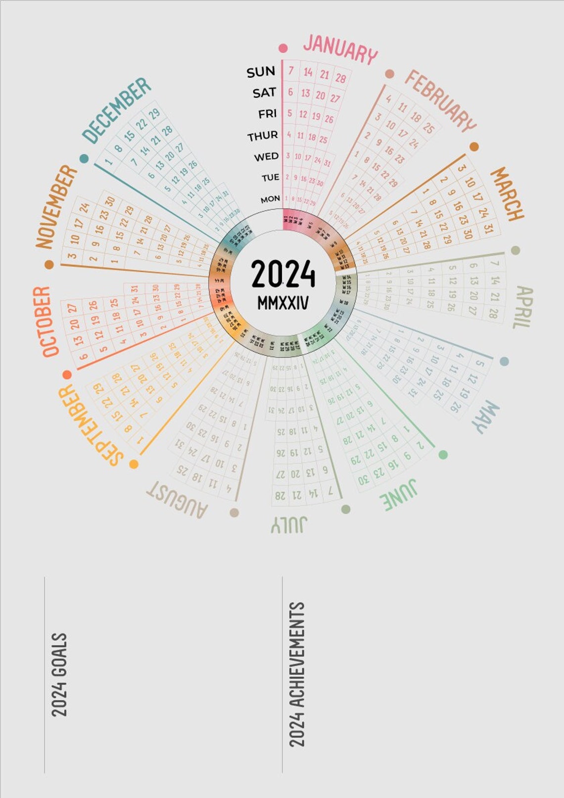 Digital 2024 Circular Calendar Warm Colors for Each Month, Annual ...
