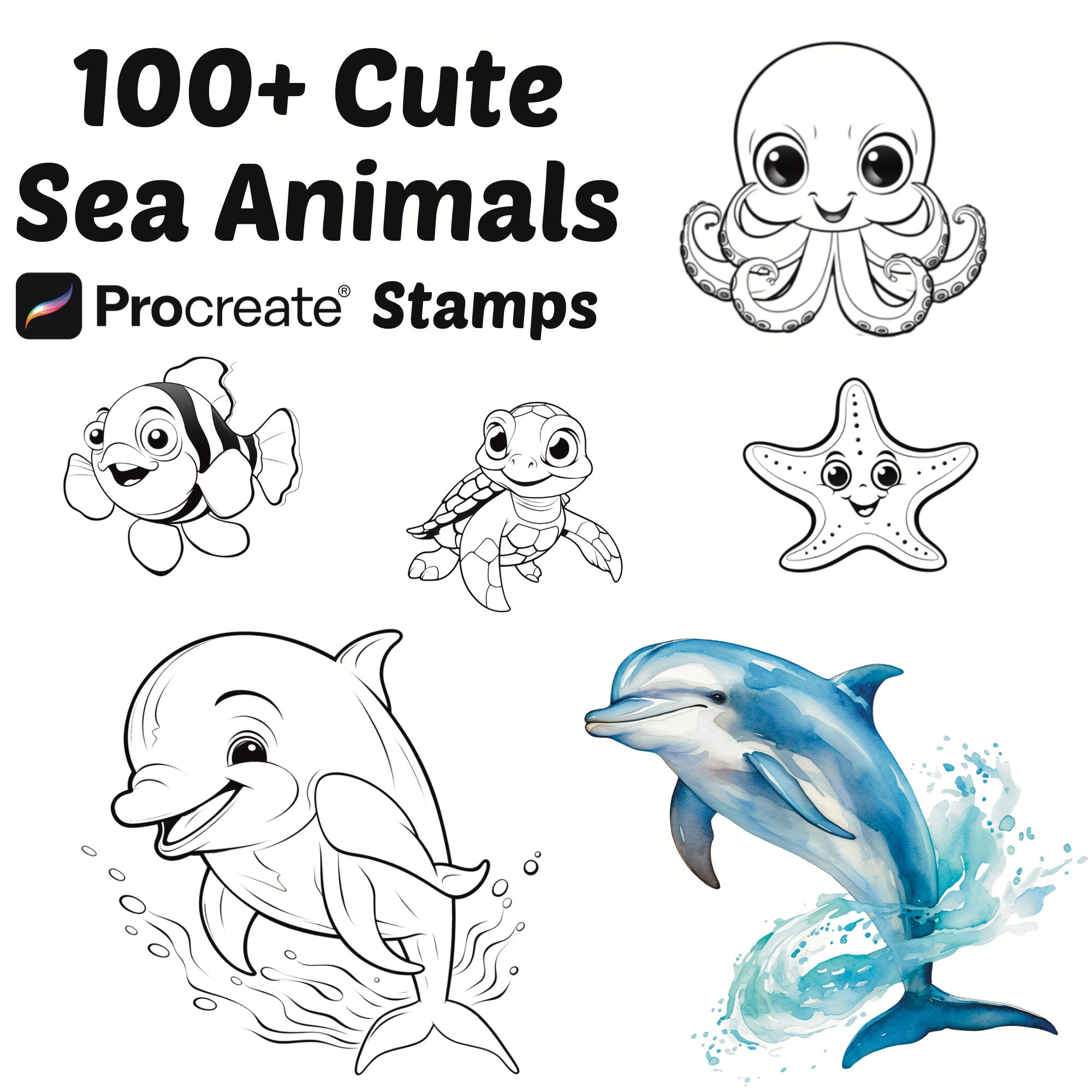 Procreate Cute Sea Animals Stamps 100 Ocean Animal Procreate Brushes ...