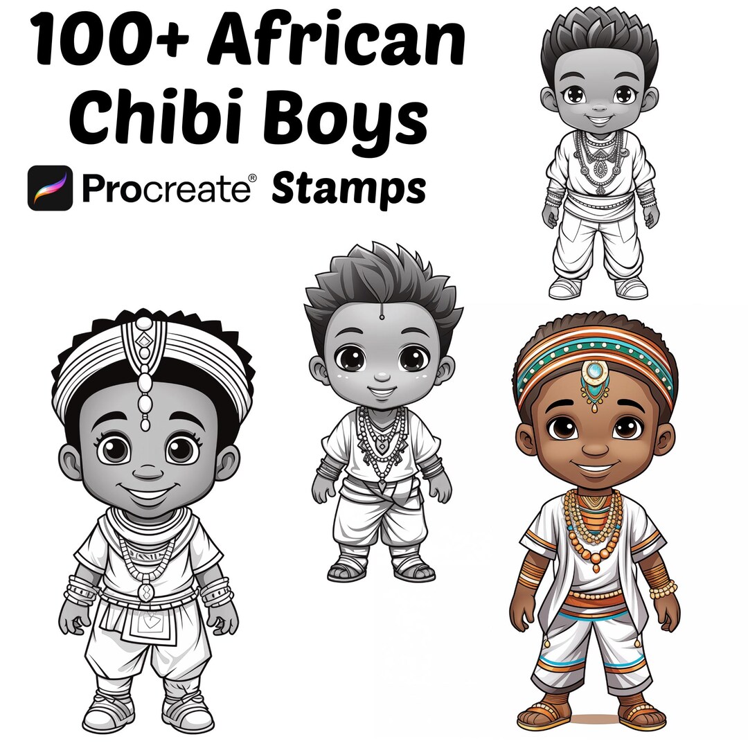 Procreate African Chibi Boys Stamps | 100+ Body Poses Procreate | Human ...