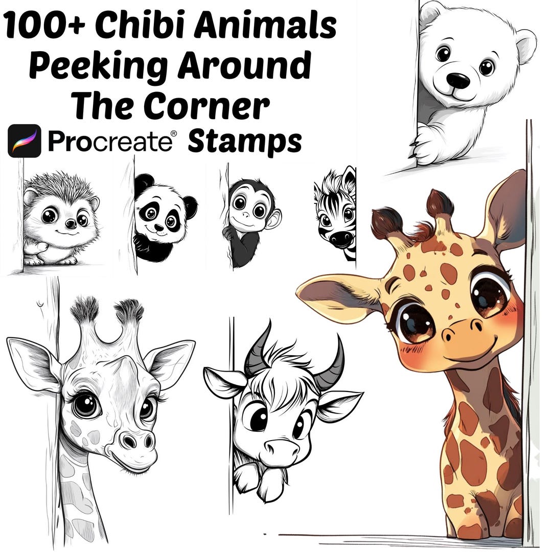 Procreate Animals Stamps | 100+ Cartoon Animals Peeking Around the ...