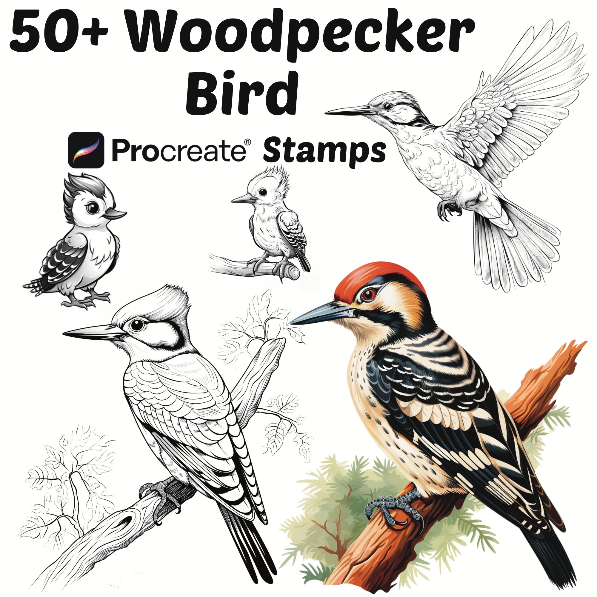 Procreate Animals Stamps 50 Woodpecker Procreate Brushes Animal Procreate Brushes Nature ...