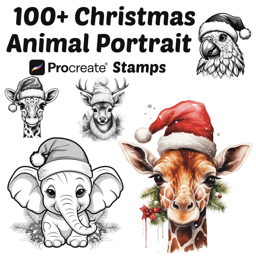Procreate Animals Stamps | 100+ Christmas Animal Portrait Procreate ...