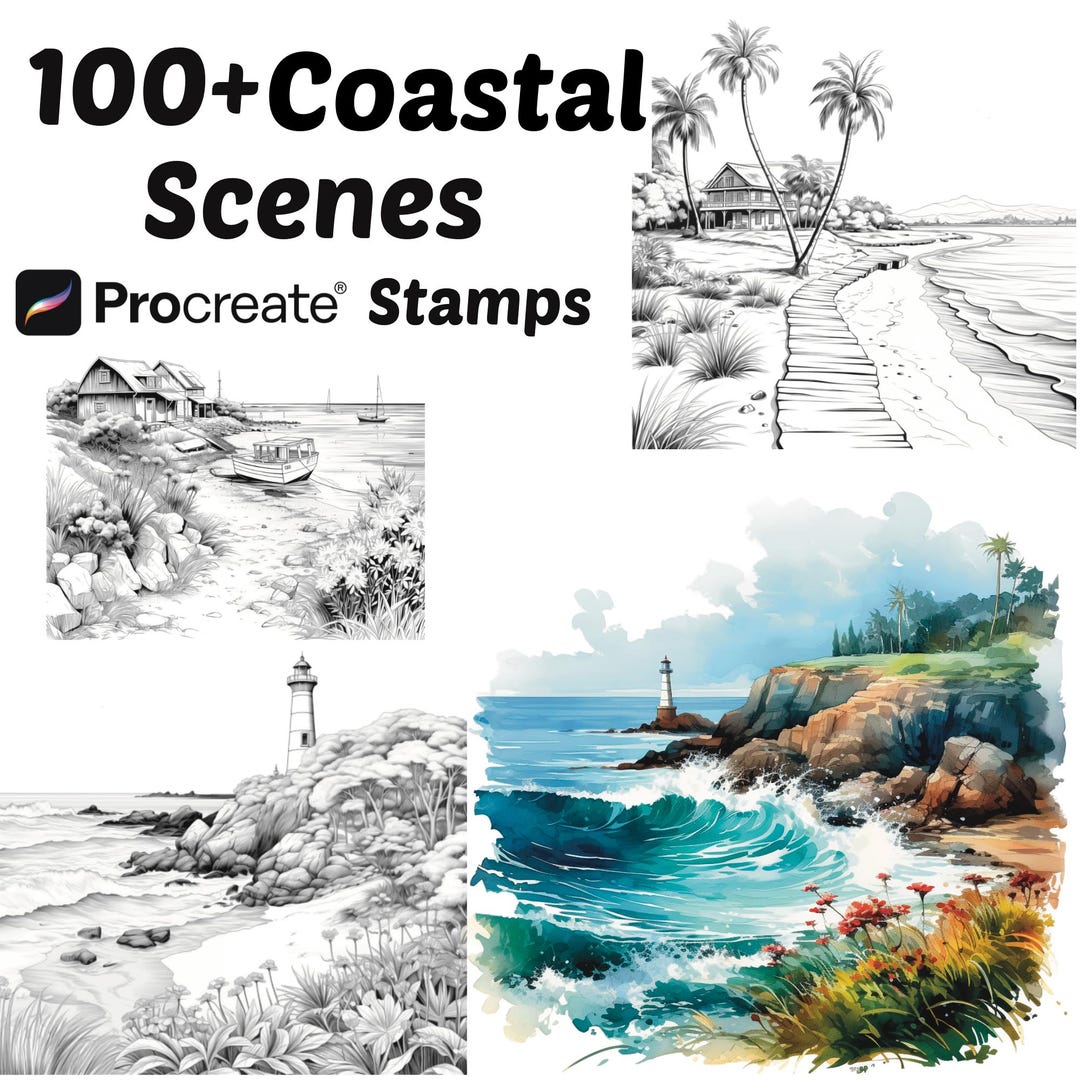 Procreate Coastal Scene Stamps | 100+ Beautiful Coast Procreate Brushes ...