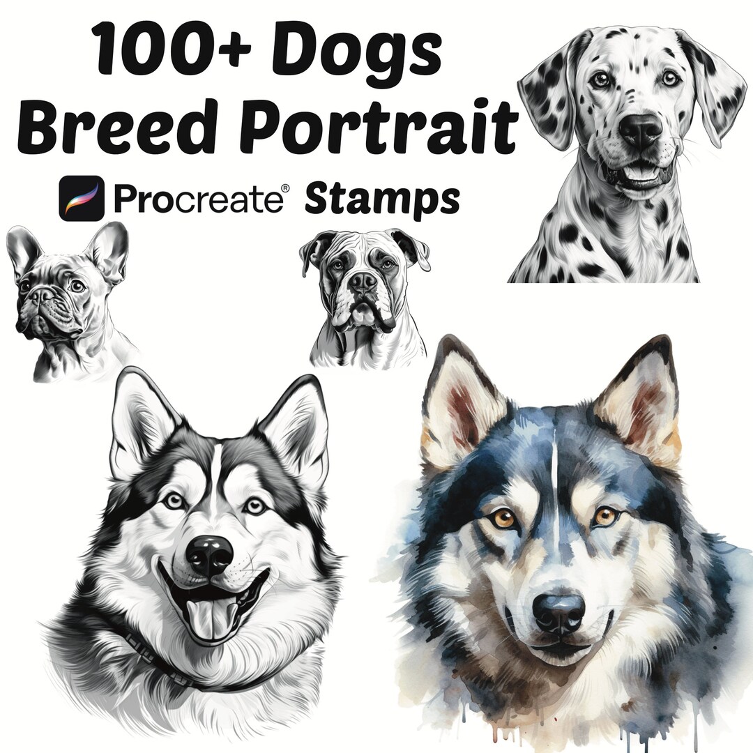 Procreate Dogs Animals Stamps | 100+ Dogs Breed Portraits Procreate ...