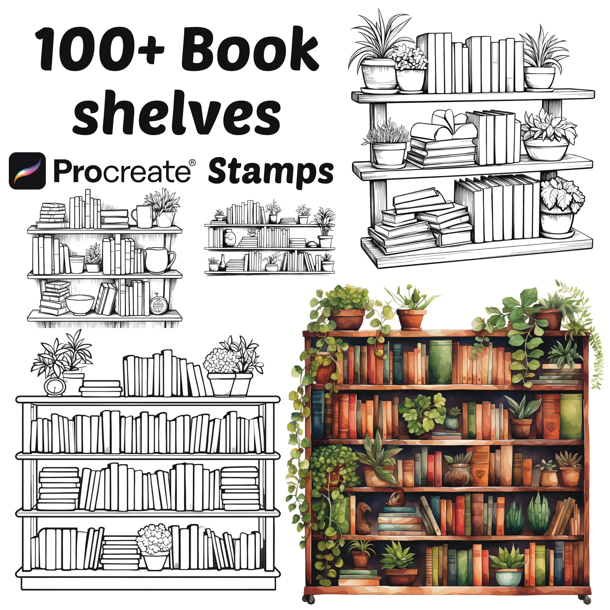 Procreate Book Shelves Stamps | 100+ Procreate Book Shelves Brushes ...