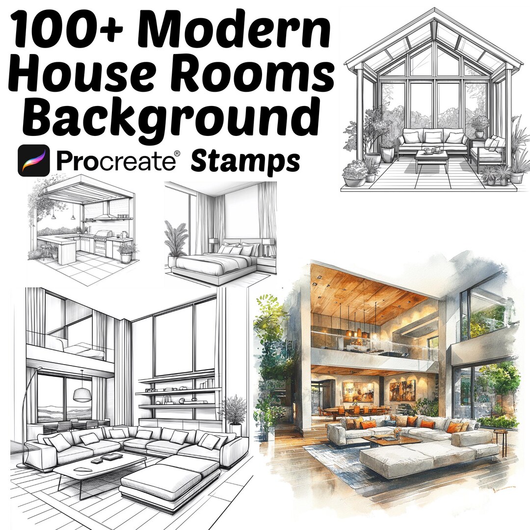 Procreate Modern House Rooms Stamps | 100+ Modern House Backgrounds ...