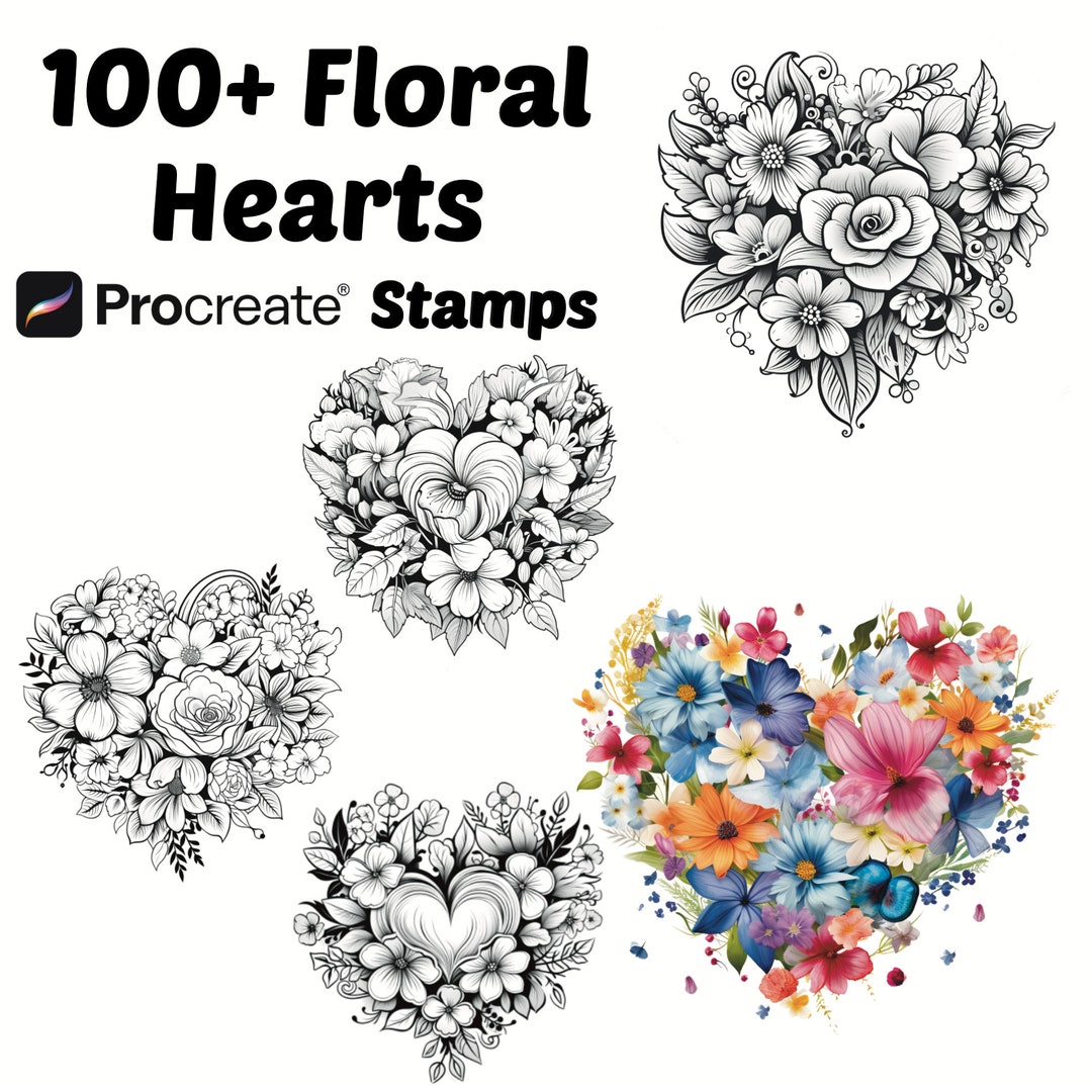 Procreate Floral Heart Stamps | 100+ Flower Heart Procreate Brushes ...