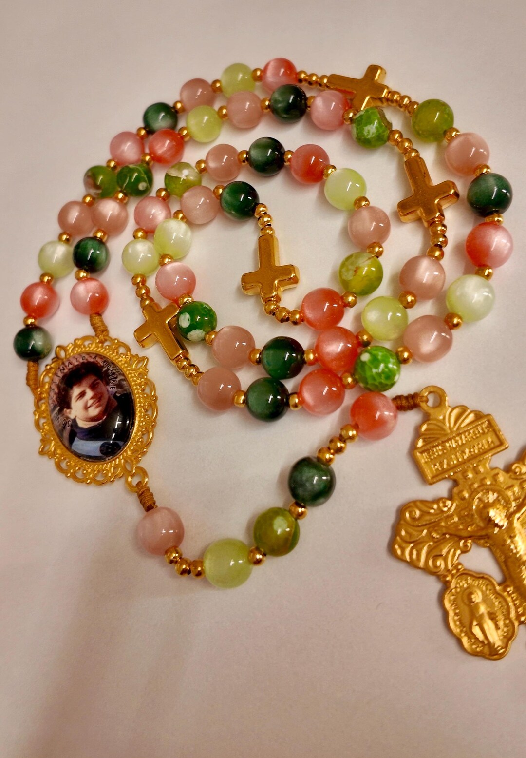 Saint Carlo Acutis Rosary | Gold Pardon Crucifix, Cat Eye Beads - Etsy ...