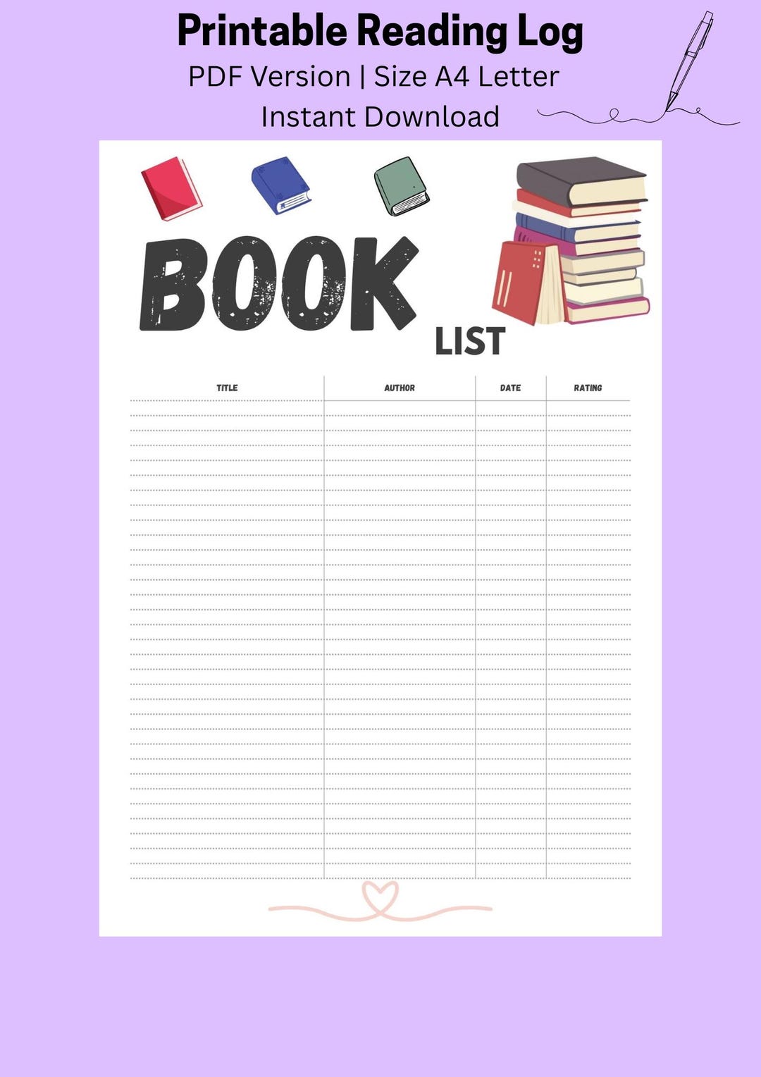 Printable Reading Log Book List Quick and Easy Instant Download Books ...