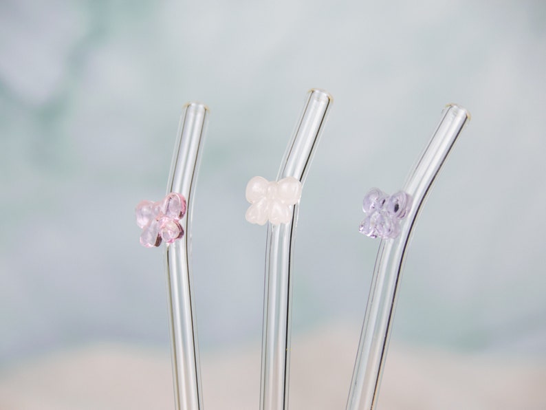 Set of Three Coquette Bow Glass Straws in White Pink Lilac Bow Straws ...