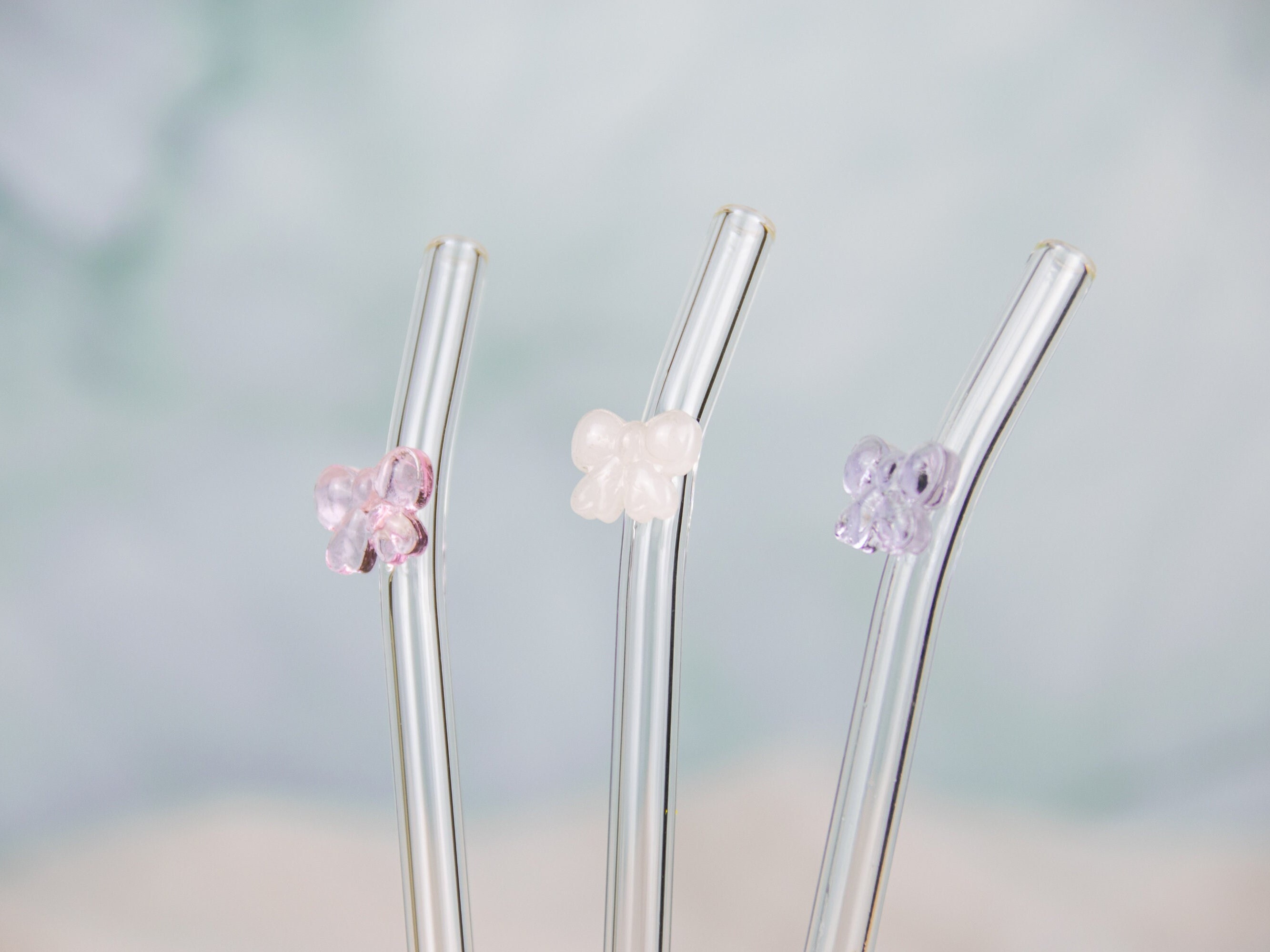 Set of Three Coquette Bow Glass Straws in White Pink Lilac Bow Straws ...