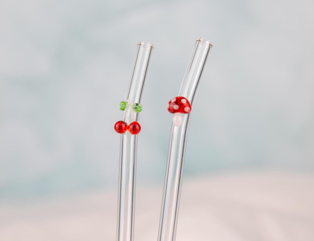 Set of 2 Cherry and Mushroom Glass Straws Reusable Eco-friendly Straws ...