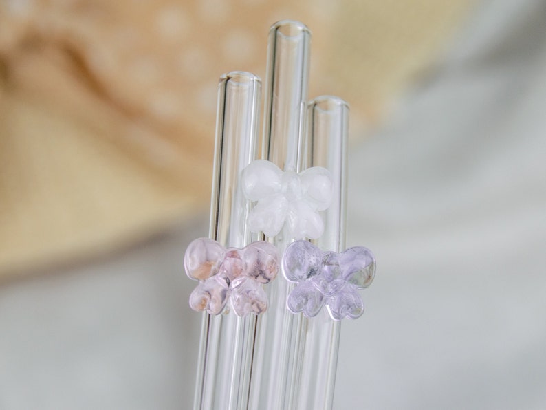 Set of Three Coquette Bow Glass Straws in White Pink Lilac Bow Straws ...