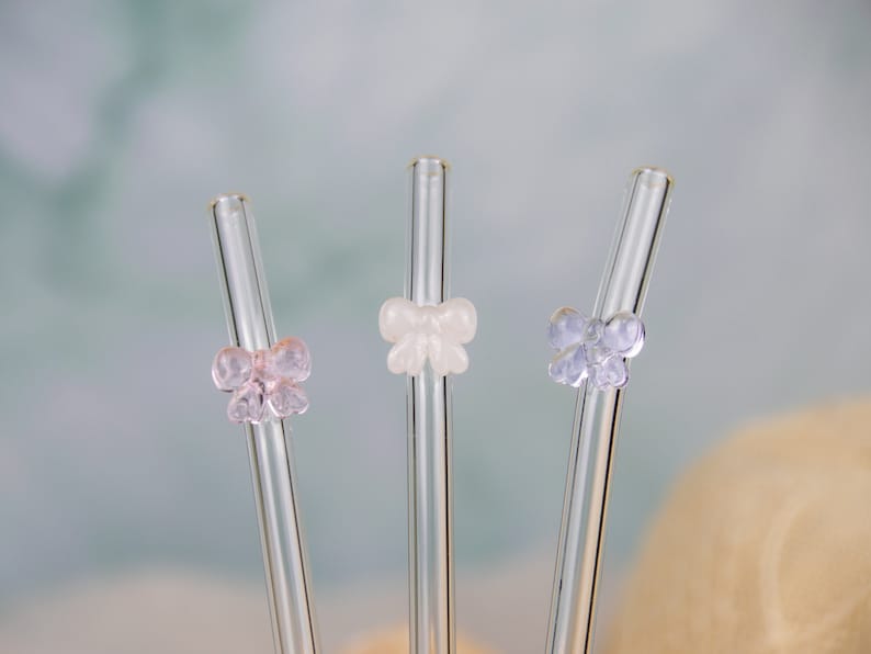 Set of Three Coquette Bow Glass Straws in White Pink Lilac Bow Straws ...