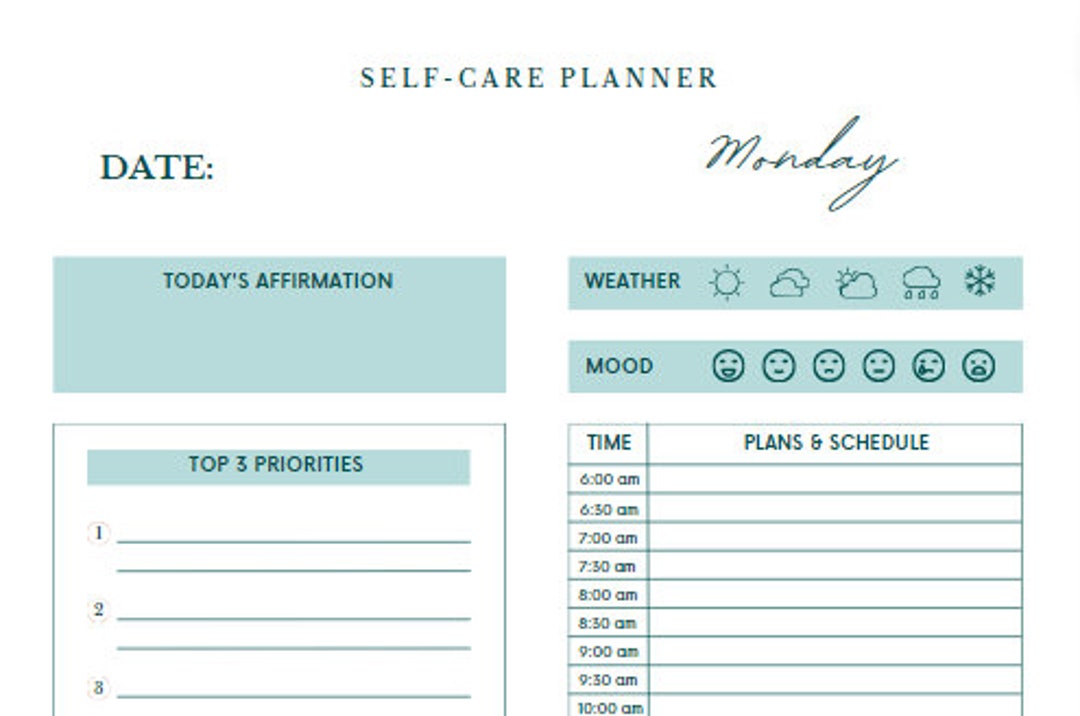 Weekly Self-care Planner Digital Download: Teal - Etsy