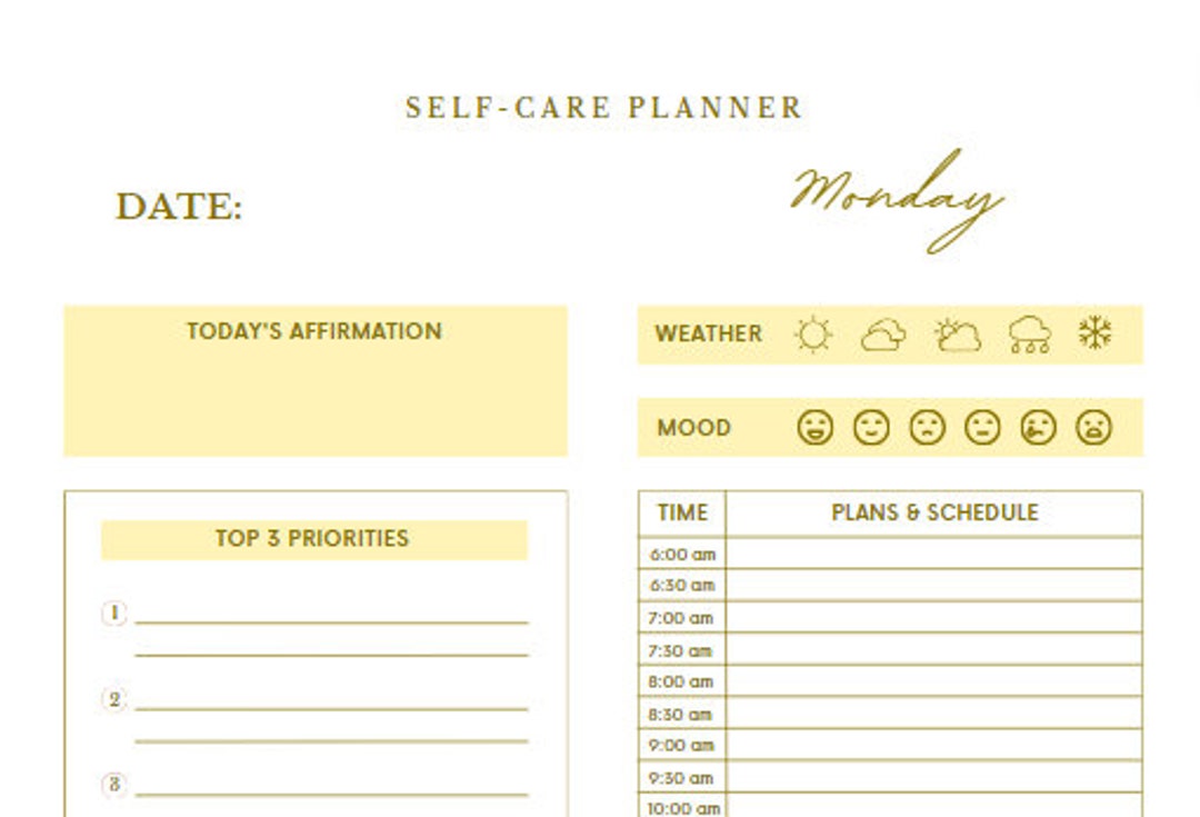 Weekly Self-care Planner Digital Download: Golden Yellow - Etsy
