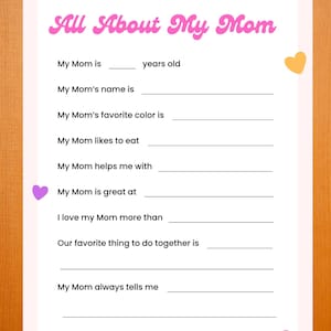 All About Mom Printable, What I Love About Mom Gift - Etsy