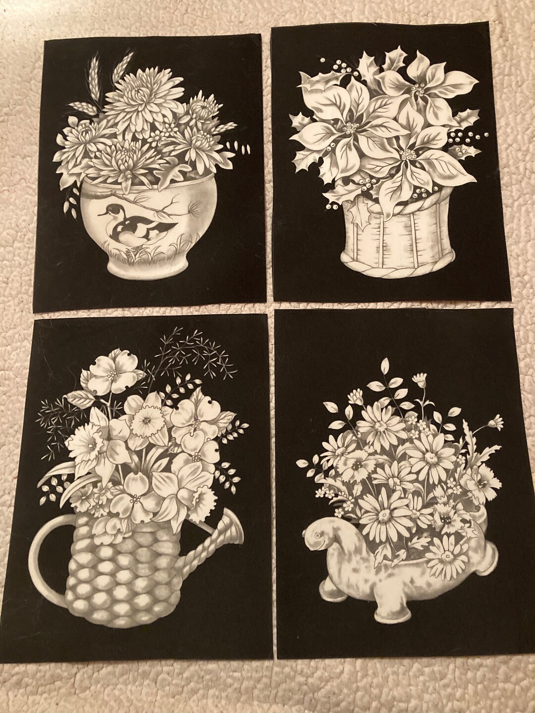 Vintage Tri-chem Seasonal Flowers Set of Four Pictures on Black Velvet ...