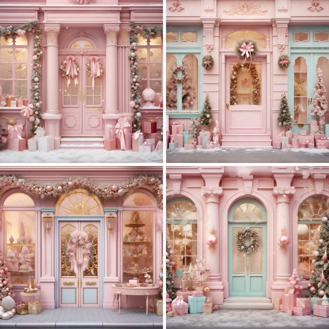 20 Image Pink Christmas Storefront Outdoor Digital Backdrop Photo ...