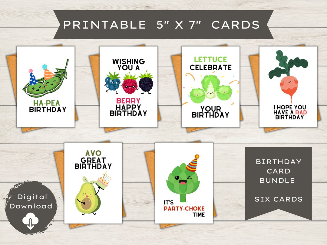 6ct Printable Fruit & Veggie Birthday Card Bundle | Blank Cards - Etsy
