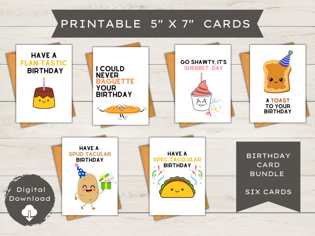 6ct Printable Food Themed Birthday Card Assortment | Blank Cards - Etsy