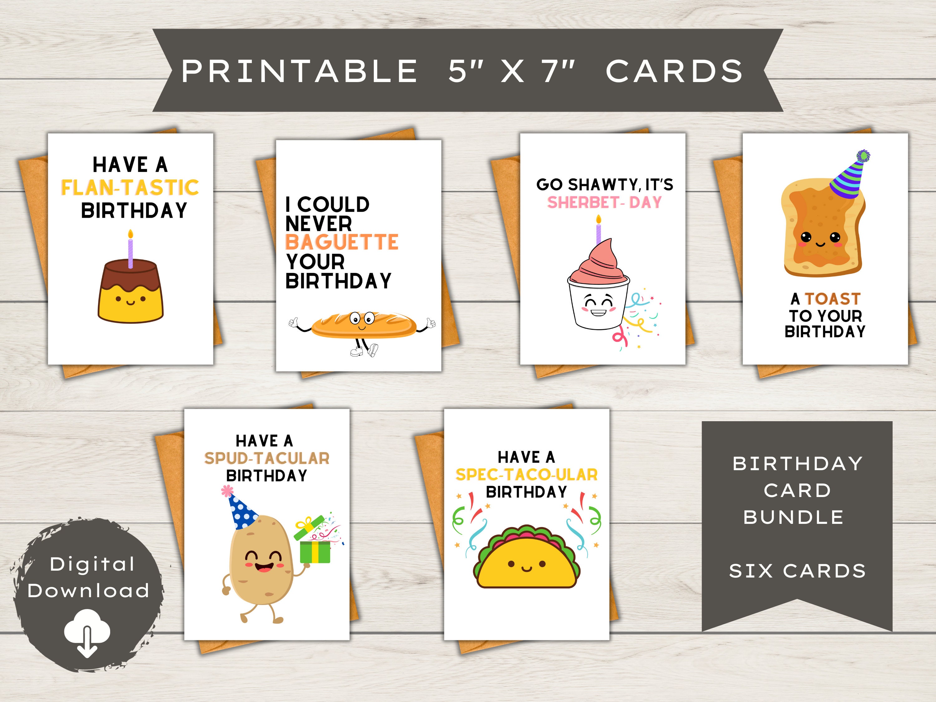 6ct Printable Food Themed Birthday Card Assortment | Blank Cards - Etsy