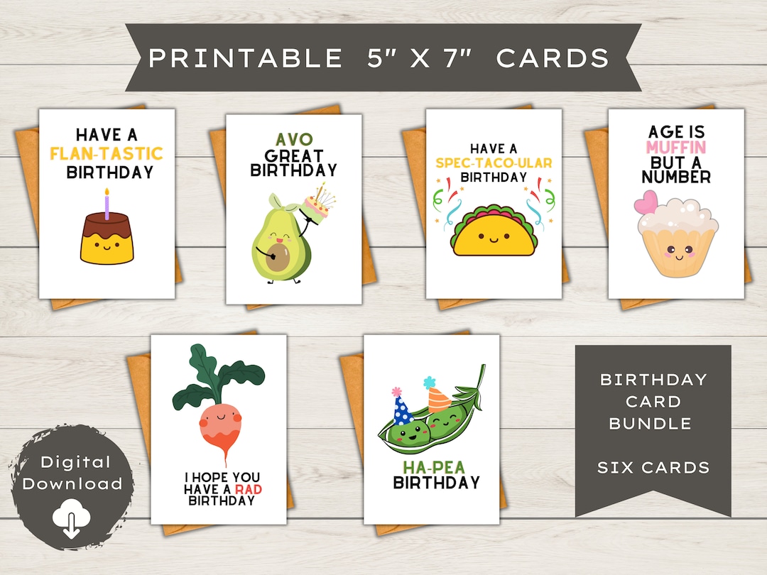 6ct Printable Funny Food-themed Birthday Card Assortment | Blank Cards ...