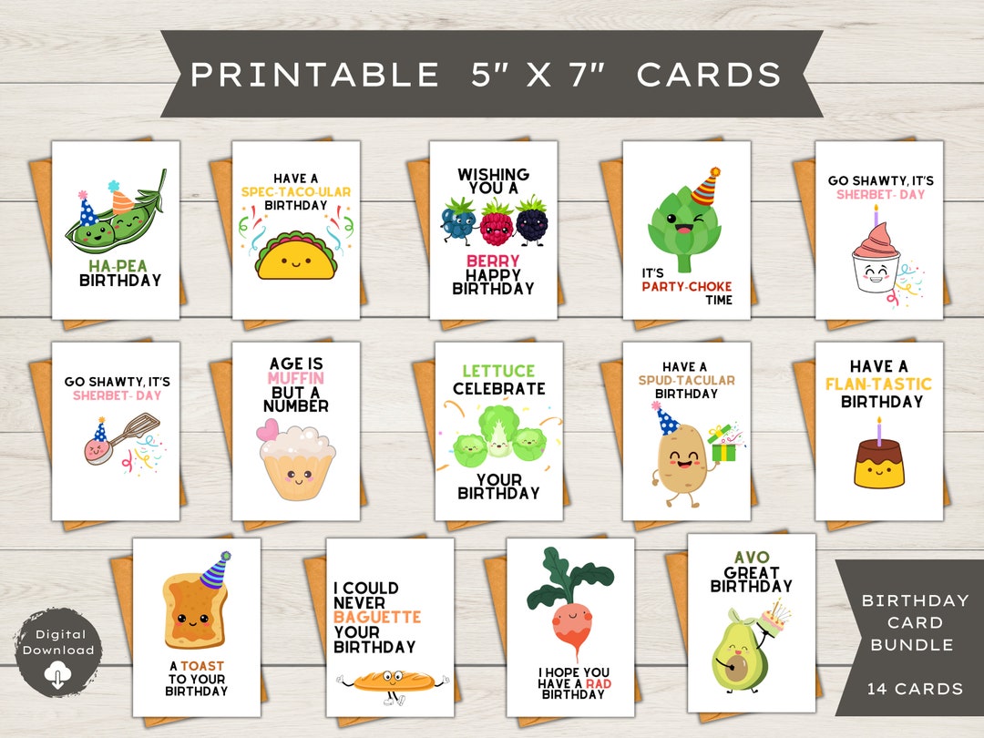 14ct Printable Food-themed Funny Birthday Cards | Blank Cards - Etsy