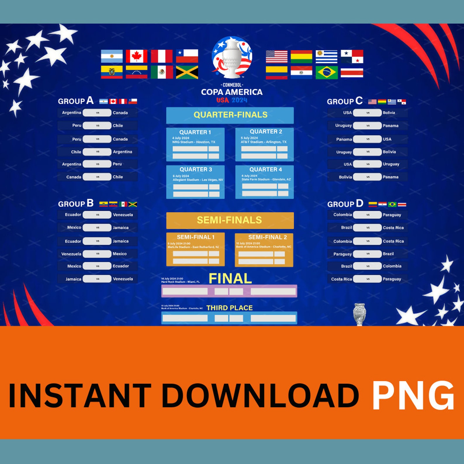 Copa América 2024 Wall Chart Printable Ecuador Costa Rica Peru Bolivia ...