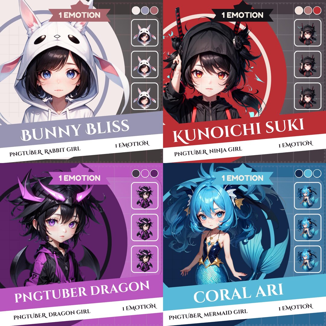 Set of 4 Pngtuber Model Pngtuber Bunny Pngtuber Ninja Pngtuber Dragon ...