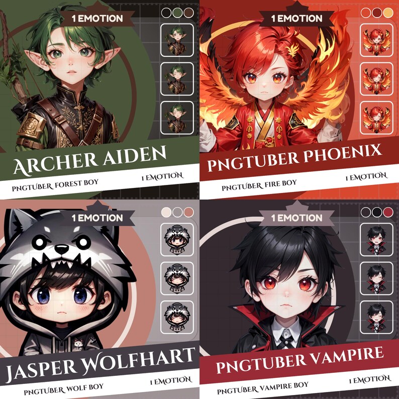 Set of 4 Pngtuber Model Pngtuber Wolf Pngtuber Archer Pngtuber Phoenix ...