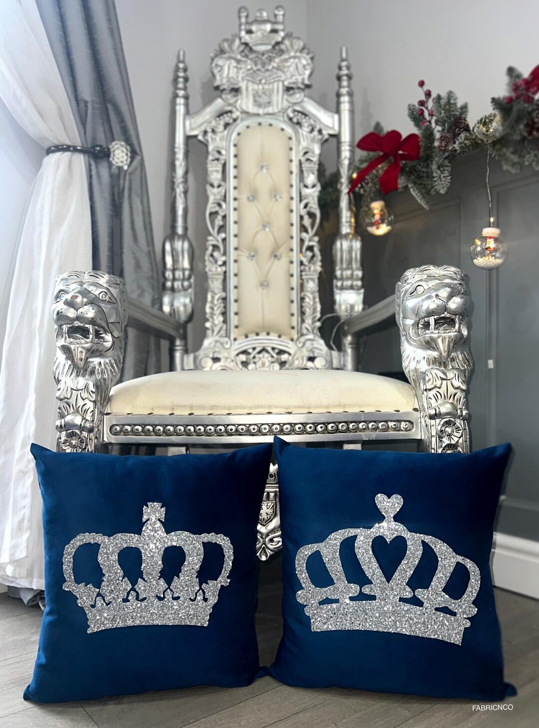 Navy Blue & Silver King and Queen Crown Cushion Set - Bespoke Luxury ...