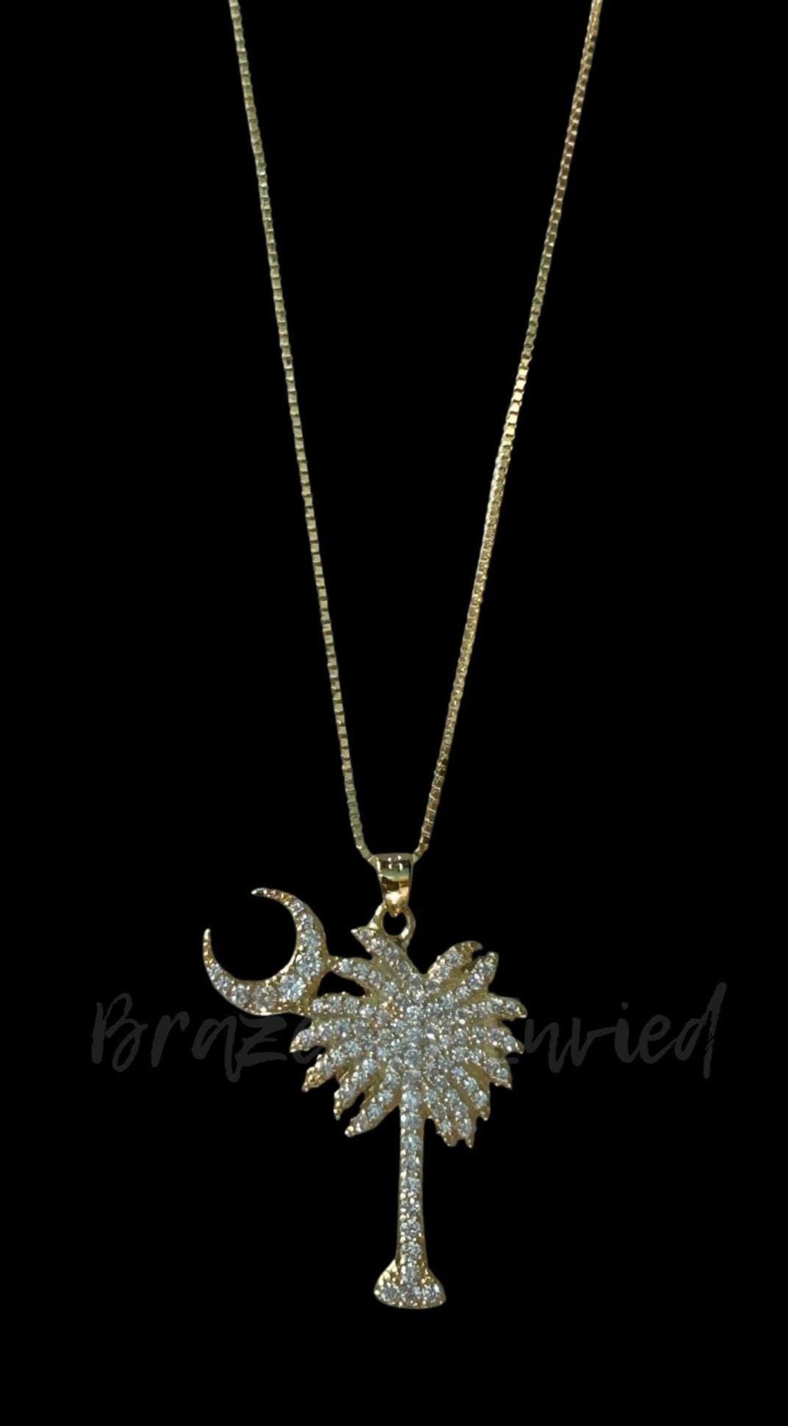 Sterling Silver Palmetto Tree Necklace - Yellow Gold Moon, Cubic ...