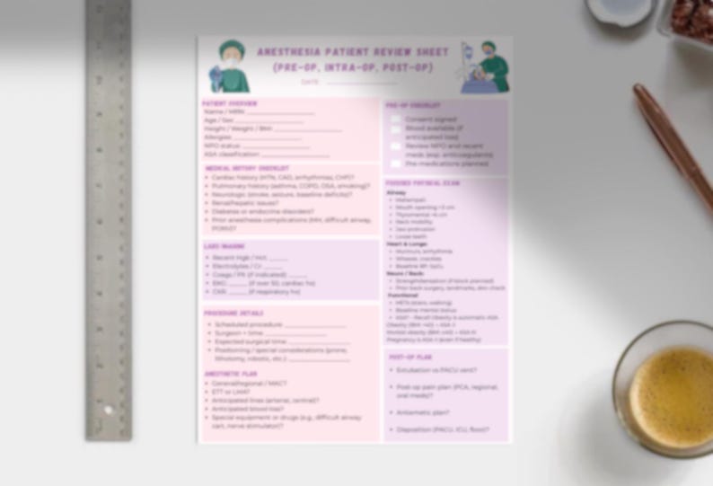 Anesthesia H&P Template | Pre-op, Intra-op, Post-op Review Sheet | Med ...