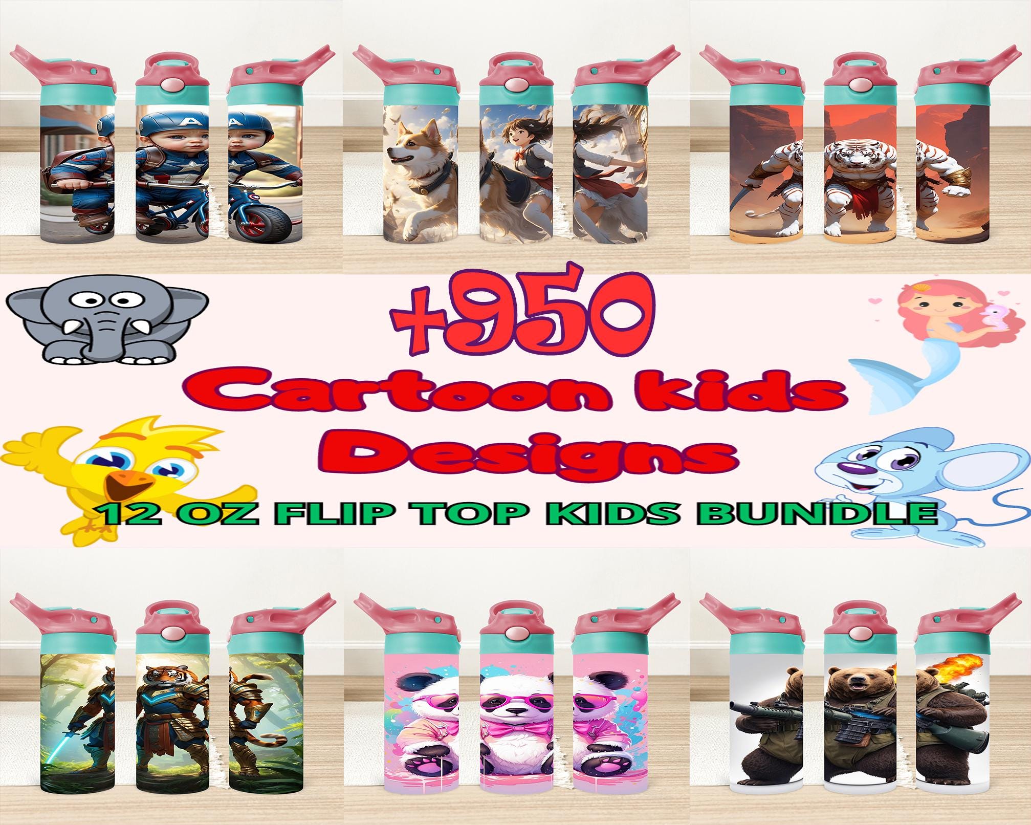 900 Cartoons 12 Oz Tumbler Wrap Bundle, Cartoon Kids Sippy Cup Flip Top ...