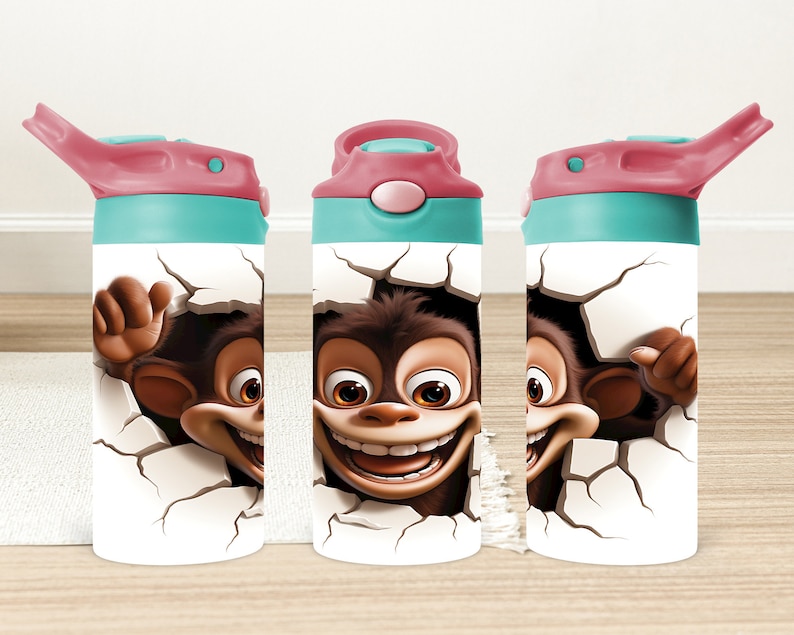 3D Monkey Inflated 12oz Kids Flip Top Sippy Cup Tumbler Wrap, Cute Baby ...