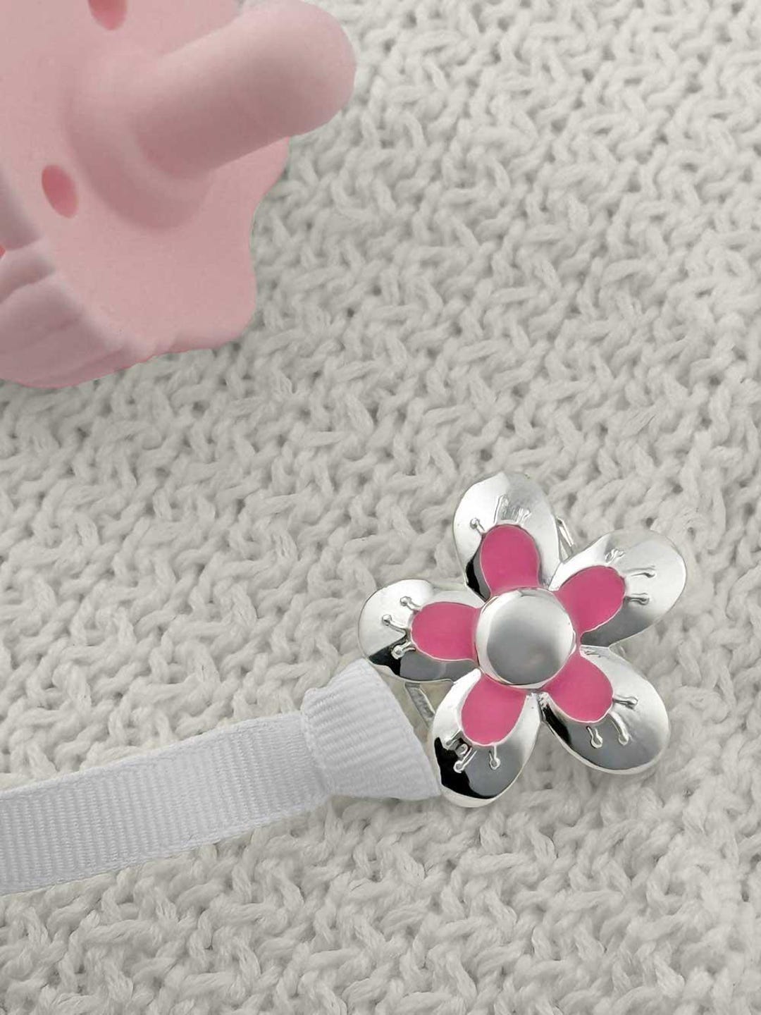 Flower Silver Pacifier Clip + Pink Enamel Inlay - Baby Girl Gift ...
