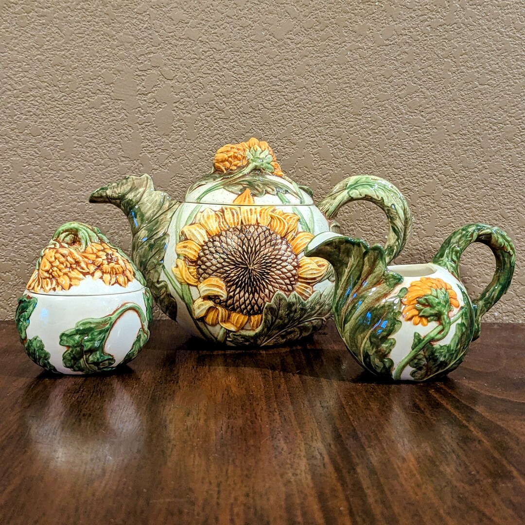 Vintage Sunflower Tea Set Ceramic Teapot, Sugar Container, Creamer Jug ...